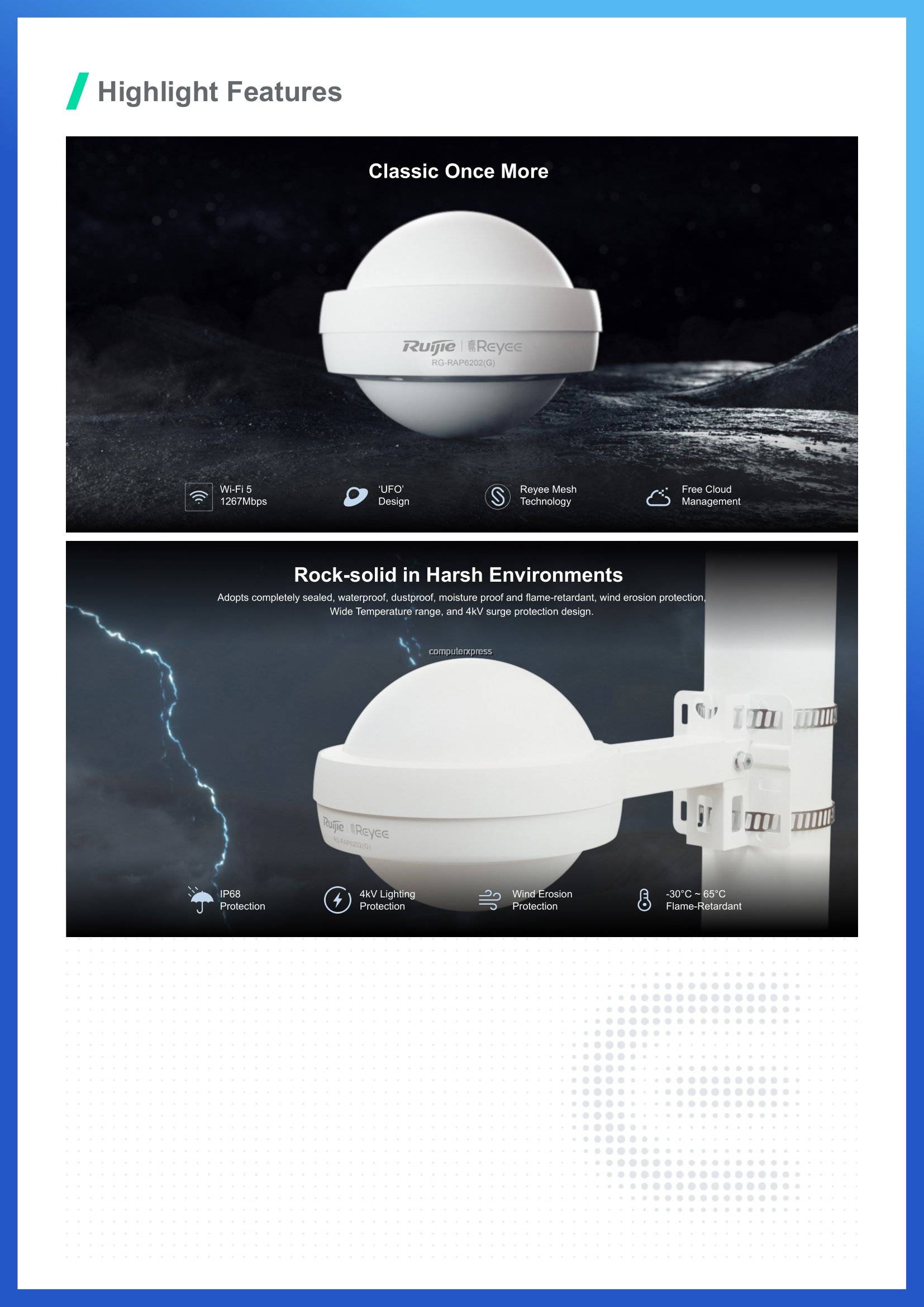 Ruijie Reyee AP (Access Point), RG-RAP6202(G) Wi-Fi 5 AC1300 Outdoor ...